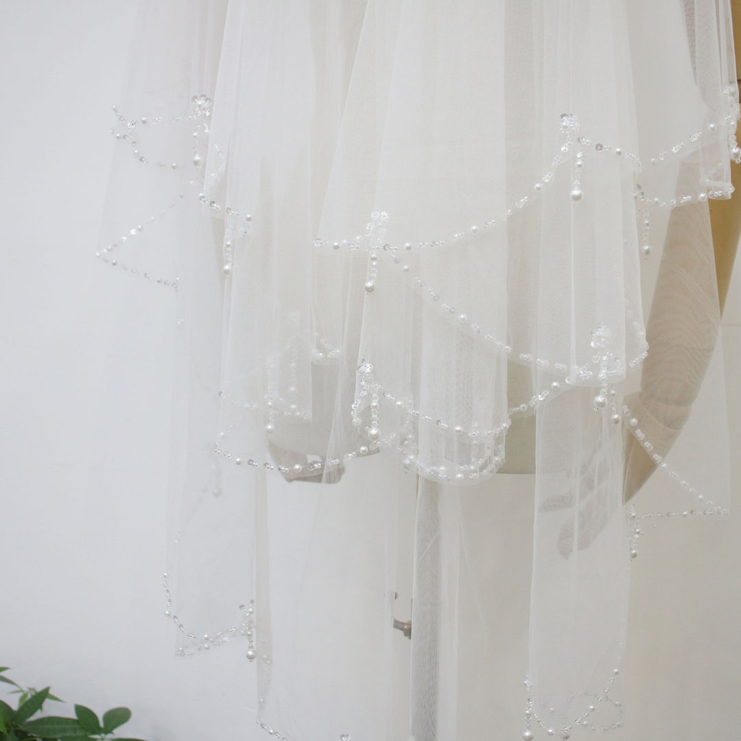 Luxury Handmade Bead Sequin Wedding Veil, Bridal Blusher Veil, Short ...