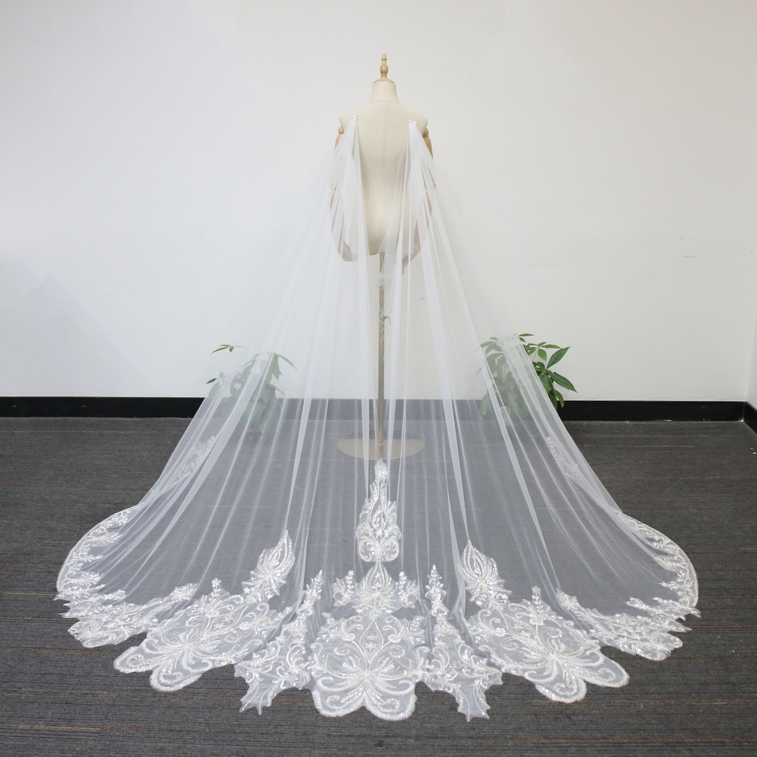 Luxury Bridal Cathedral Cape Veil, Gold Bead Silver Sequin Applique ...