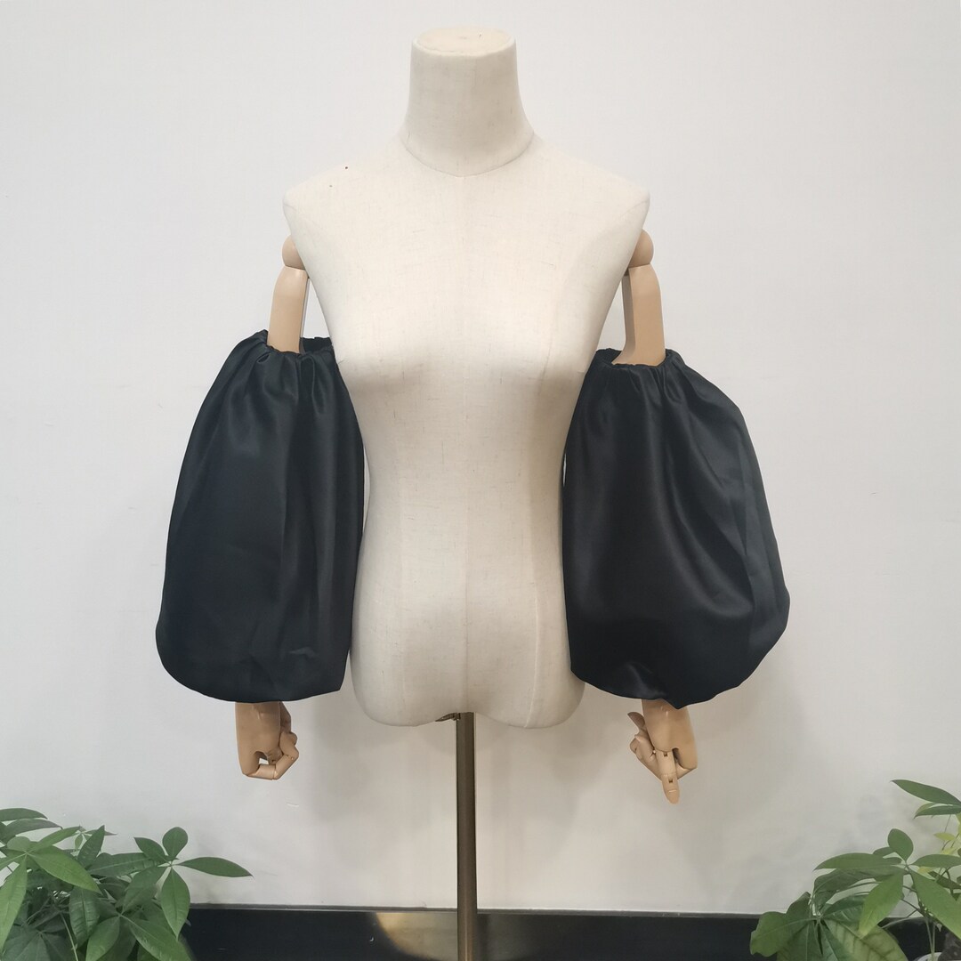 Detachable off Shoulder Puffed Sleeves, Black Satin Wedding Dress ...