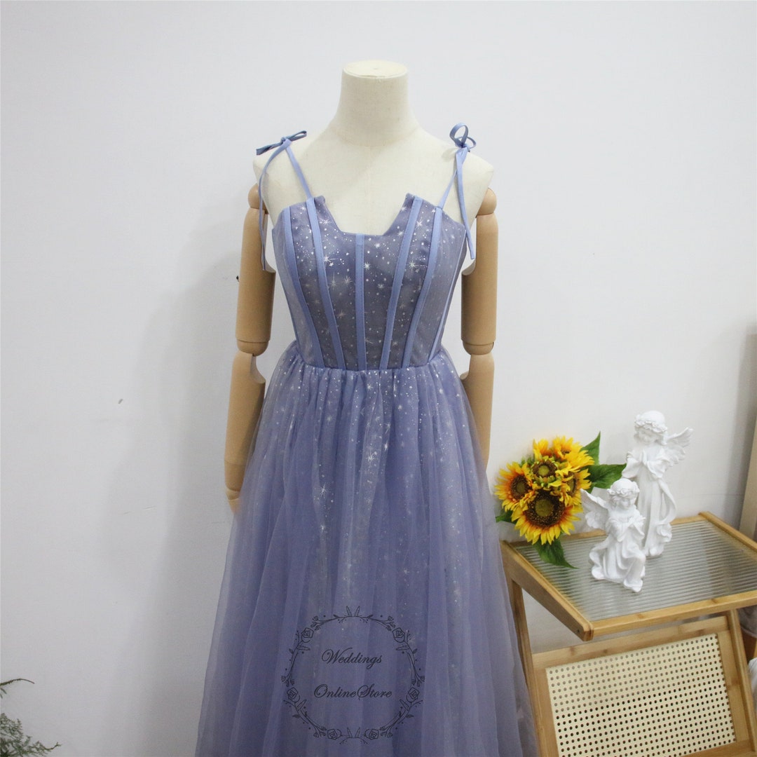 Blue Purple Corset Prom Dress, Star Moon Evening Dress, Spaghetti Strap ...