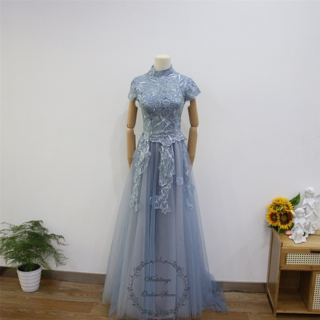 Gray Blue Vintage Prom Dress, High Neck Applique Evening Dress,elegant ...