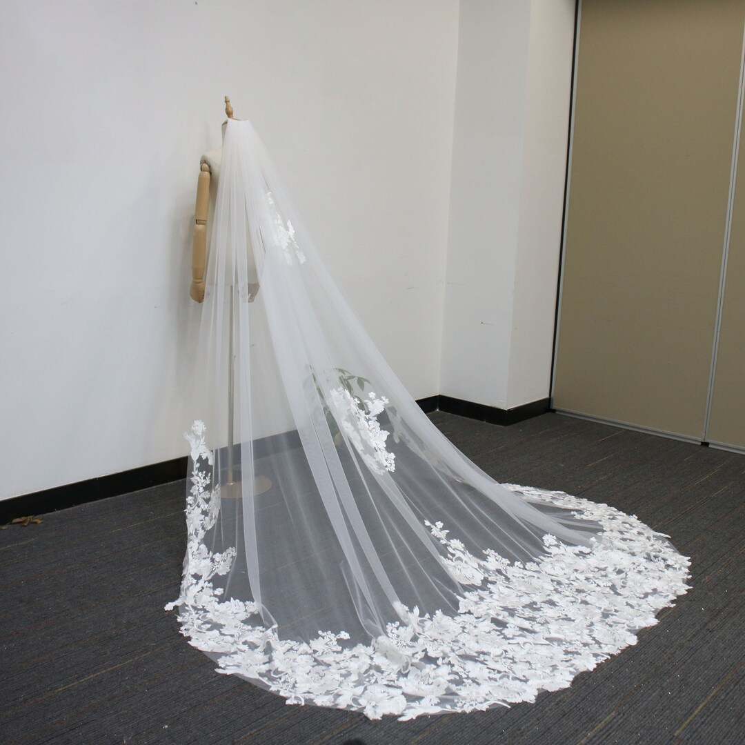 Floral Lace Cathedral Veil, Sequined Lace Bridal Veil, Floral Chapel ...