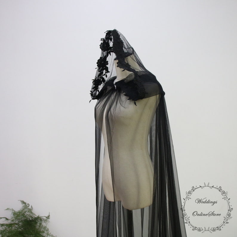 Black Lace Hooded Bridal Veil Gothic Wedding Veil Floral - Etsy