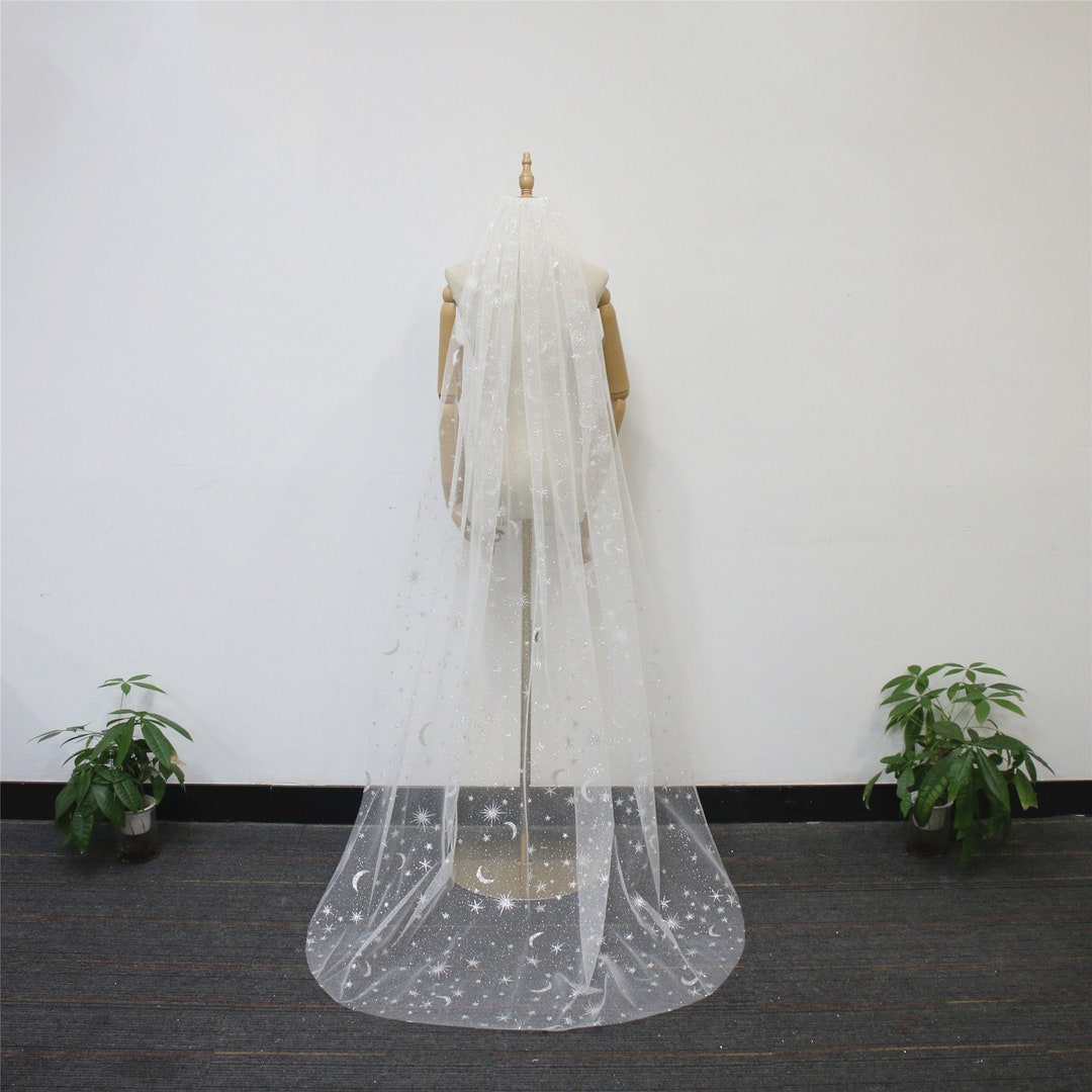 Sparkly Star Moon Sequin Veil, Starry Chapel Bridal Veil, Boho Wedding ...