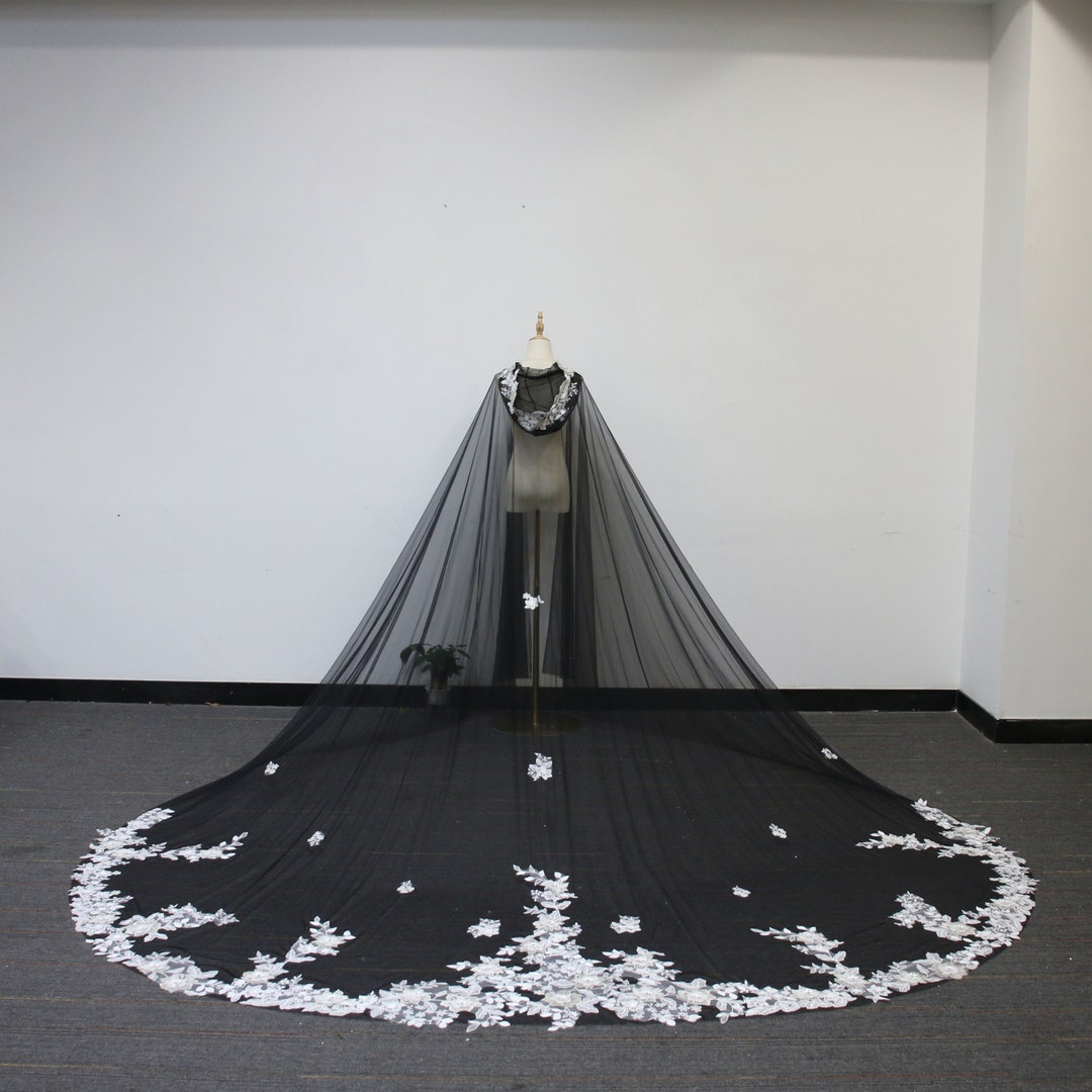 Black Tulle Hooded Cape Veil, Floral Lace Cape Veil, Long Cathedral ...