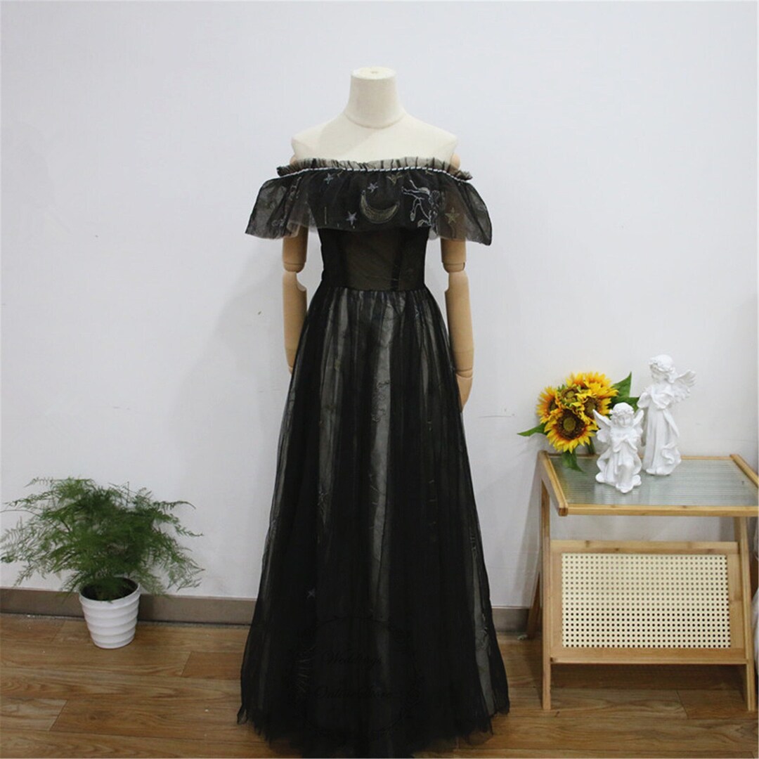 Black Tulle Ruffle Top Prom Dress, Star and Moon Party Dress, Short ...