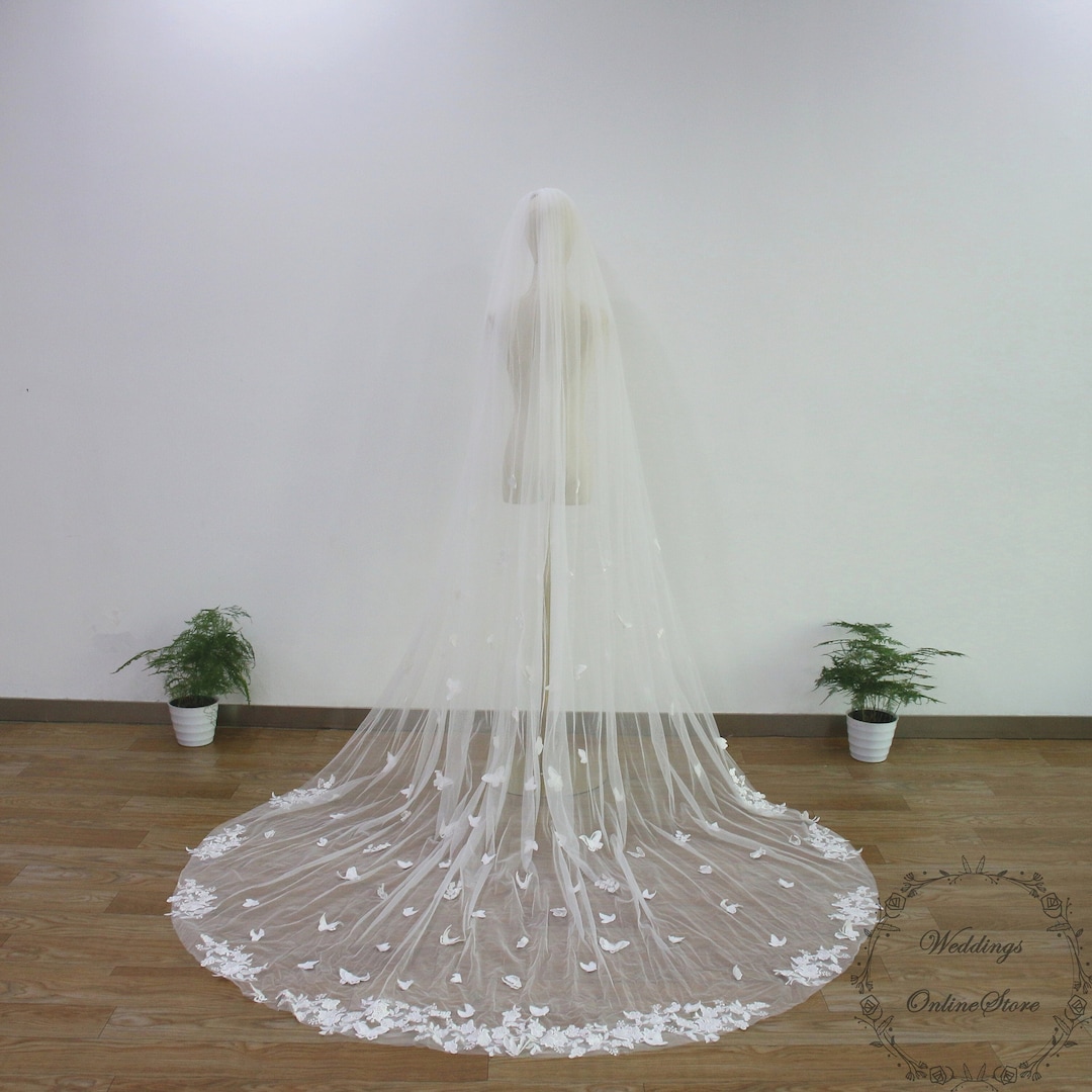 3D Butterfly Veil, Floral Lace Veil, Tulle Veil, Cathedral Veil, Ivory ...