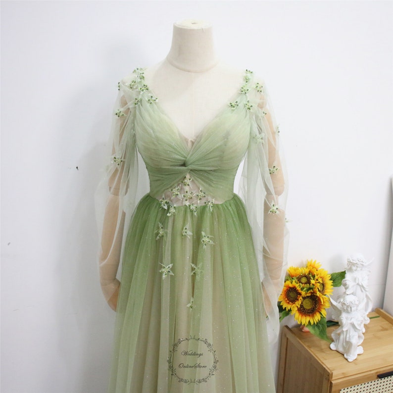 Gradient Green Long Sleeve Prom Party Dress 3D Flower Party - Etsy