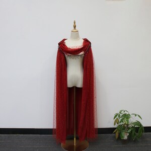 Boho Red Hooded Cape, Beaded Bridal Cloak, Lace Wedding Cape, Chiffon ...