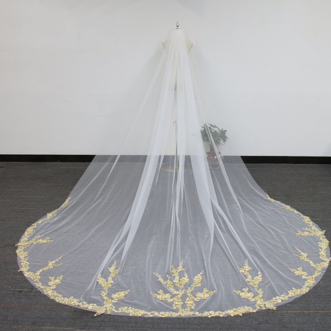 Sequined Lace Wedding Veil, Gold Floral Bridal Veil, Ivory Tulle Veil ...