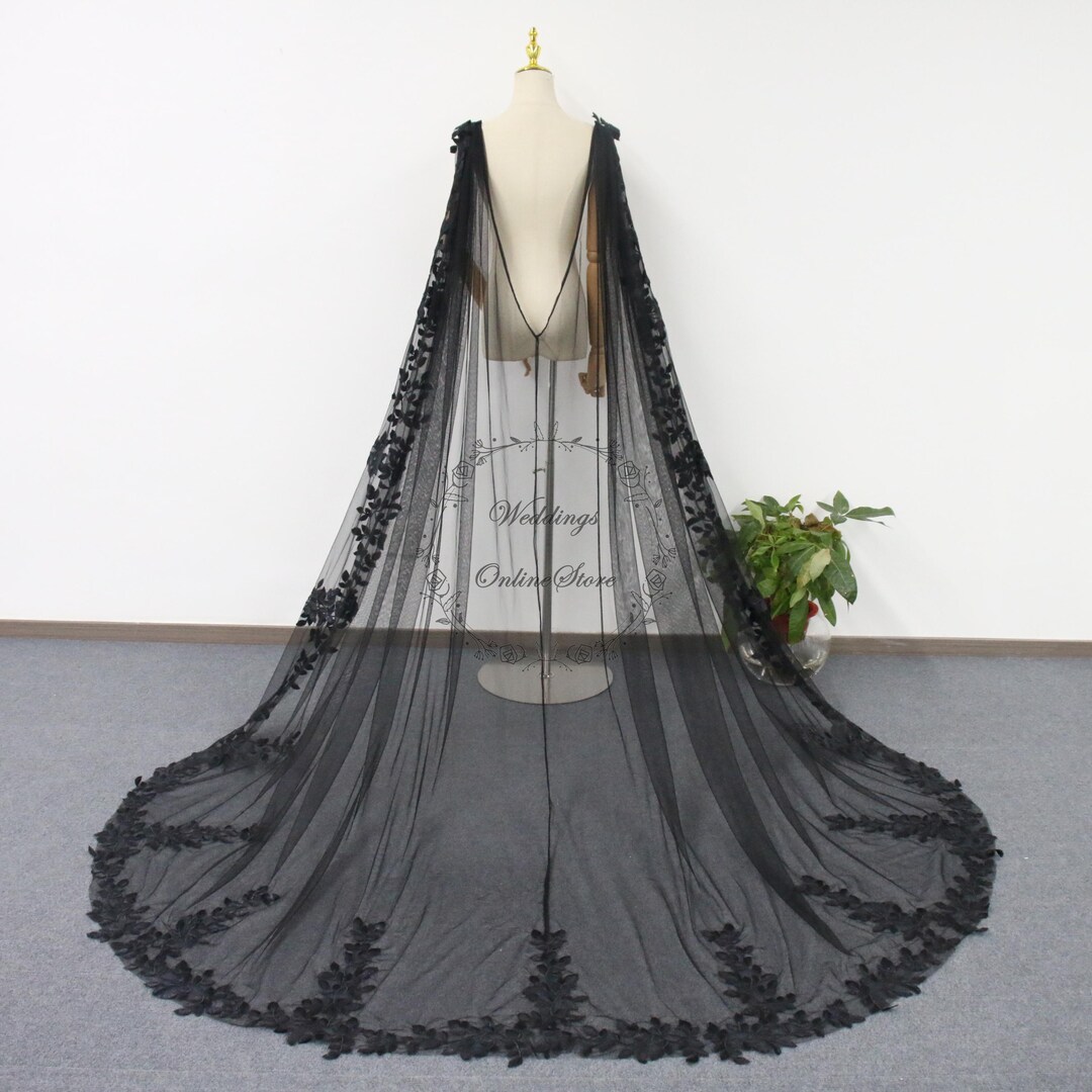 Black Gothic Wedding Cape Veil, Black Tulle Black Leaf Lace Cape Veil ...