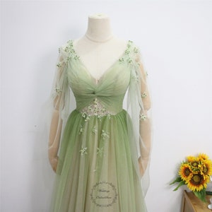 Gradient Green Long Sleeve Prom Party Dress, 3D Flower Party Gown ...