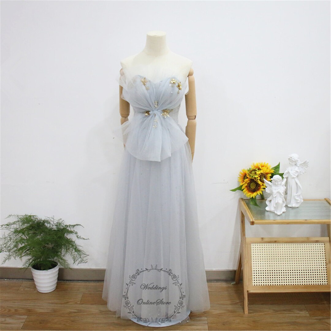 Pale Gray Blue Prom Dress, Star Moon Sequin Evening Dress, Strapless ...
