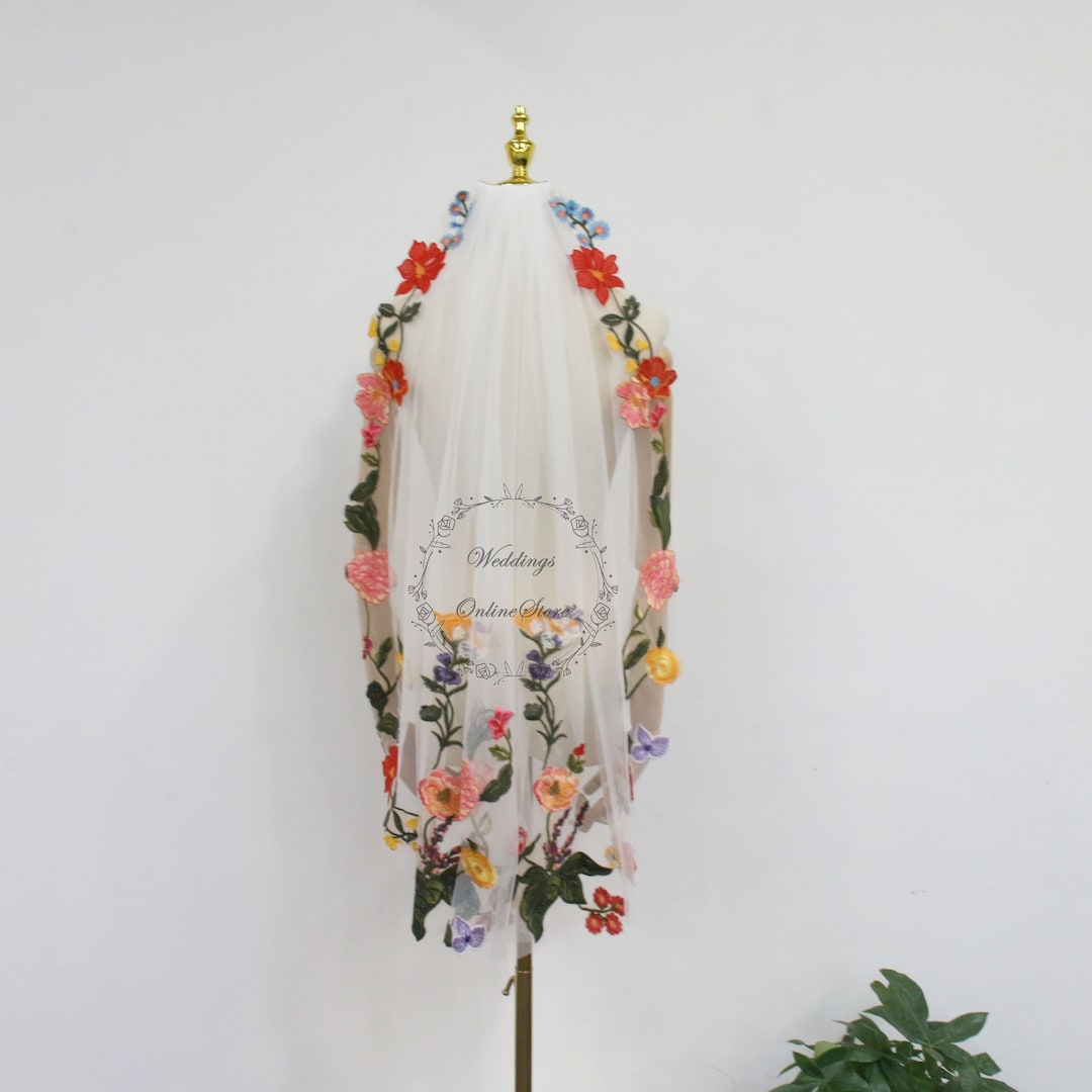 Colorful Flower Lace Wedding Veil, Short Lace Edge Bridal Veil, Green ...