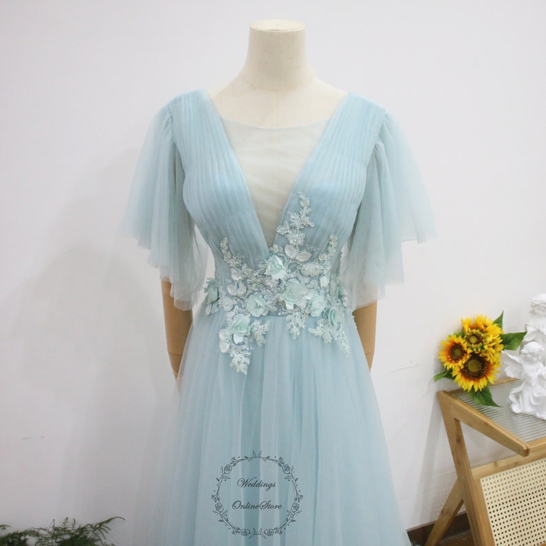 Pale Blue Draped Tulle Prom Dress 3D Lace Floral Party Gown - Etsy