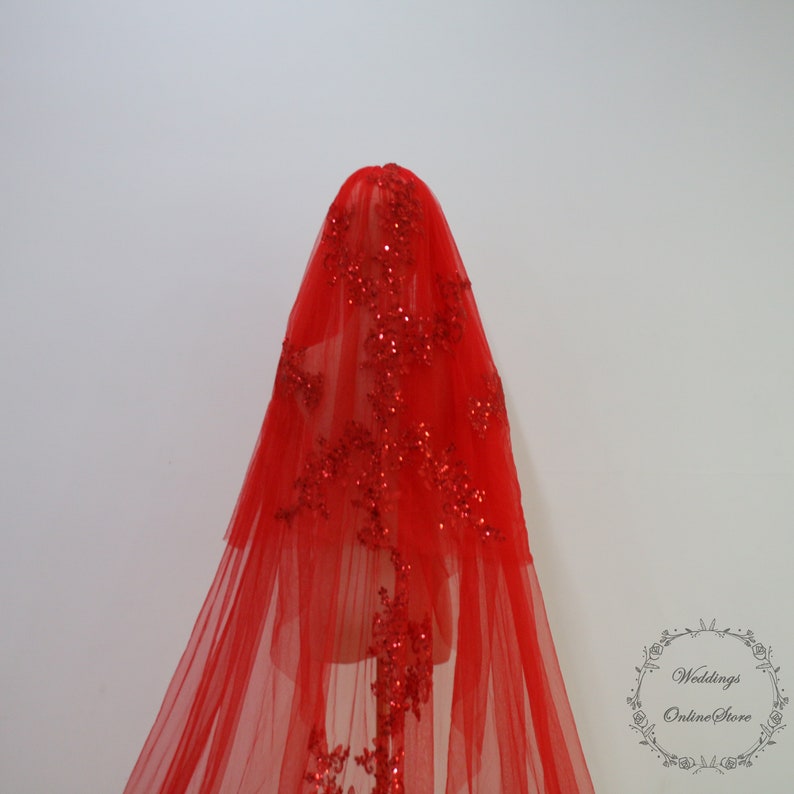 Cathedral Veil Red Wedding Veil Lace Edge Veil With Sequin - Etsy