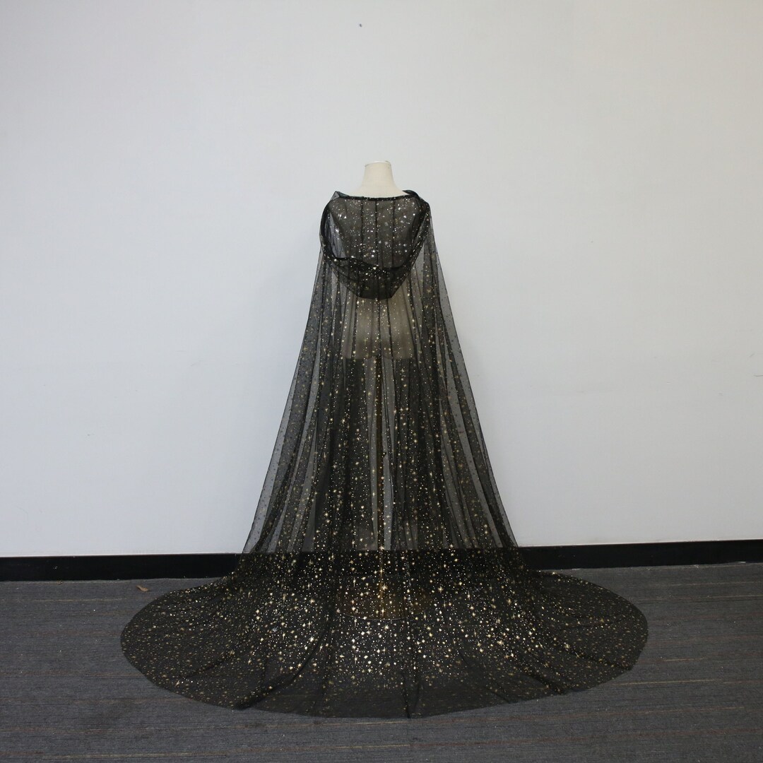 Sparkly Gold Star Hooded Bridal Veil, Black Tulle Cape Veil, Gothic ...