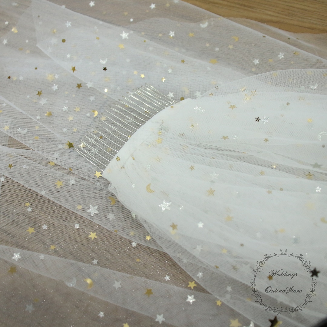 Sparkly Veil, Gold Star Moon Bridal Veil, Celestial Wedding Veil, Beige ...