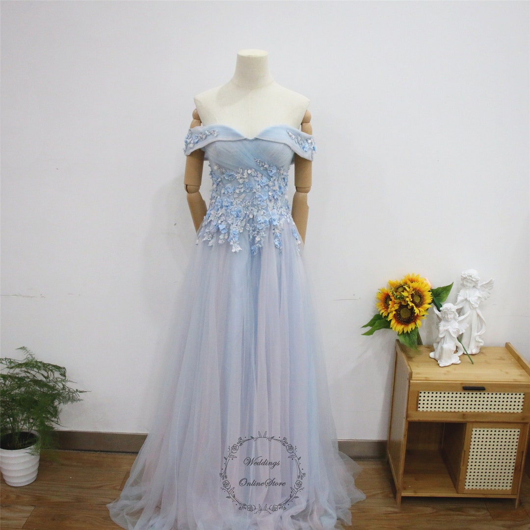 Pale Blue Prom Dress,off Shoulder Party Gown, Beaded Evening Dress,3d ...