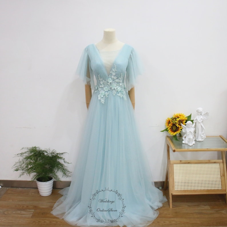 Pale Blue Draped Tulle Prom Dress 3D Lace Floral Party Gown - Etsy
