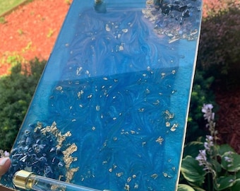 Light Blue Floral Resin Tray, Tray With Handles, Serving Tray, White ...
