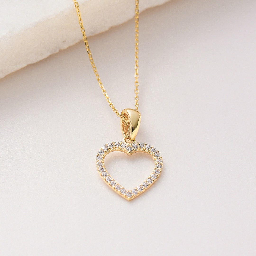 10K Channel Heart Pendant,14k Pave Heart Necklace, 18K Heart Pendant ...