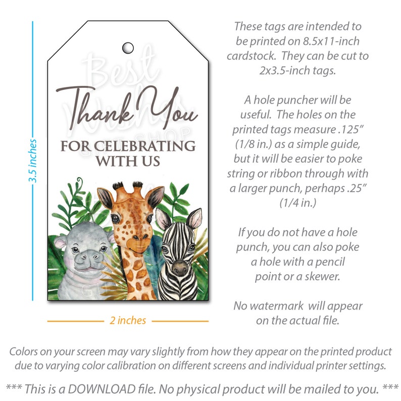 INSTANT DOWNLOAD - Jungle Animal Thank You Tags, Wild One 1st Birthday ...