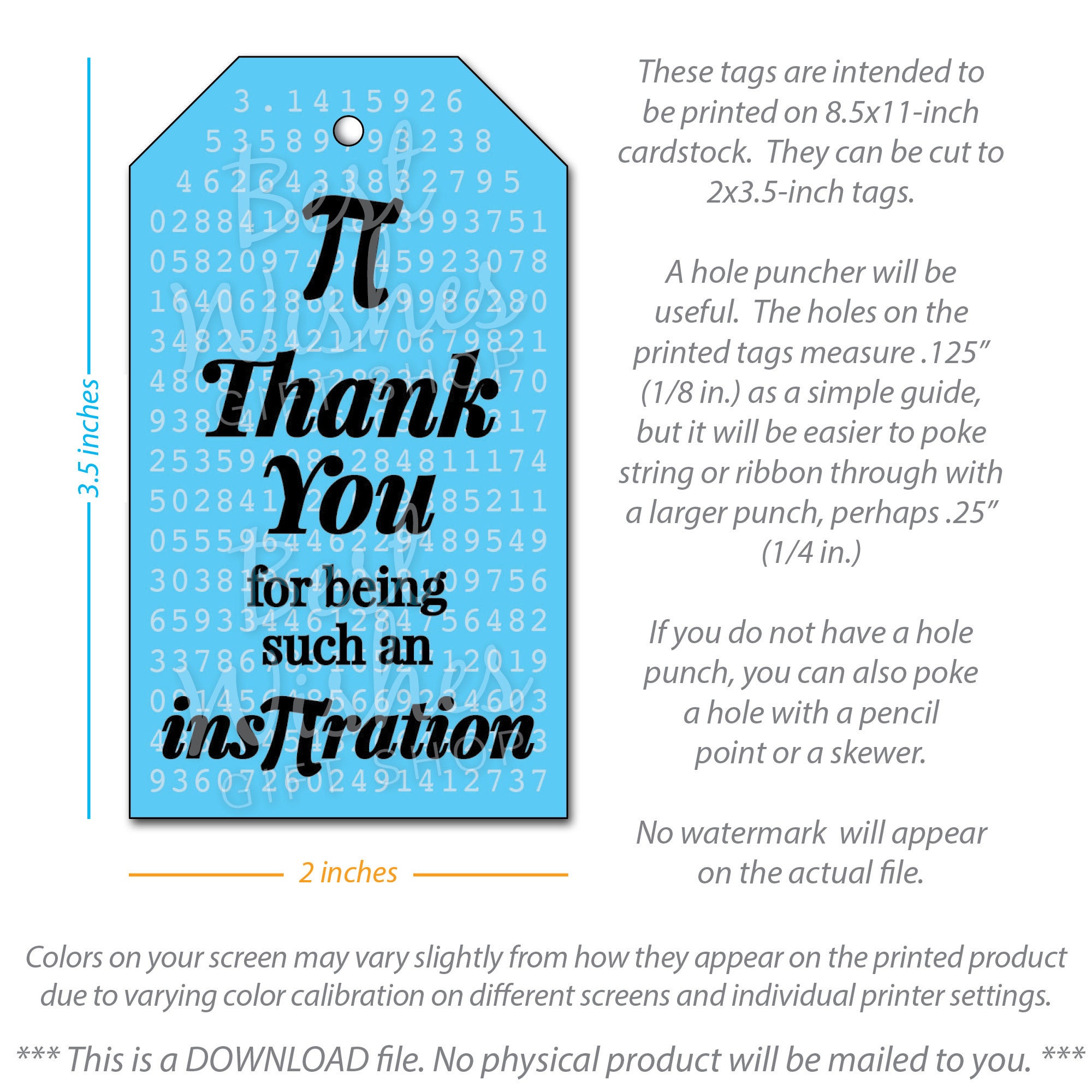 INSTANT DOWNLOAD - Pi Day Gift Tags, Thank You for Being an Inspiration ...