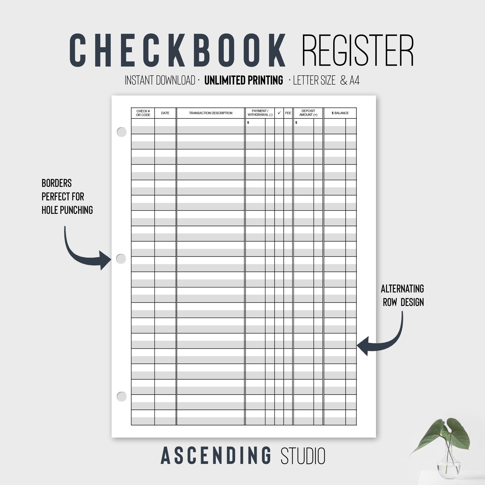 Checkbook Register PRINTABLE, Transaction Register PDF, Checkbook ...
