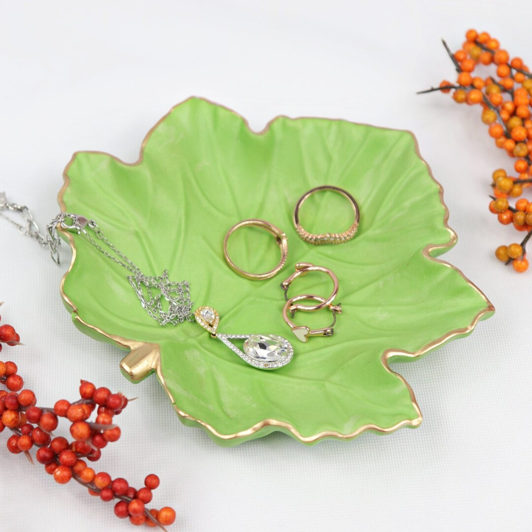 Harvest Charms: Leaf Shaped Gypsum Stone Decorative Dish Green and Gold ...