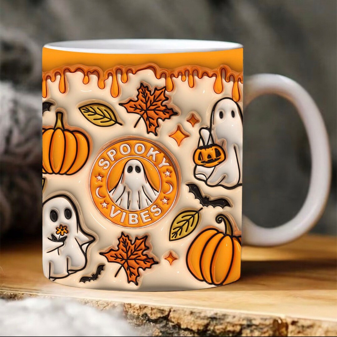 Orange Halloween Mug With Handle Spooky Vibes Mug Autumn - Etsy