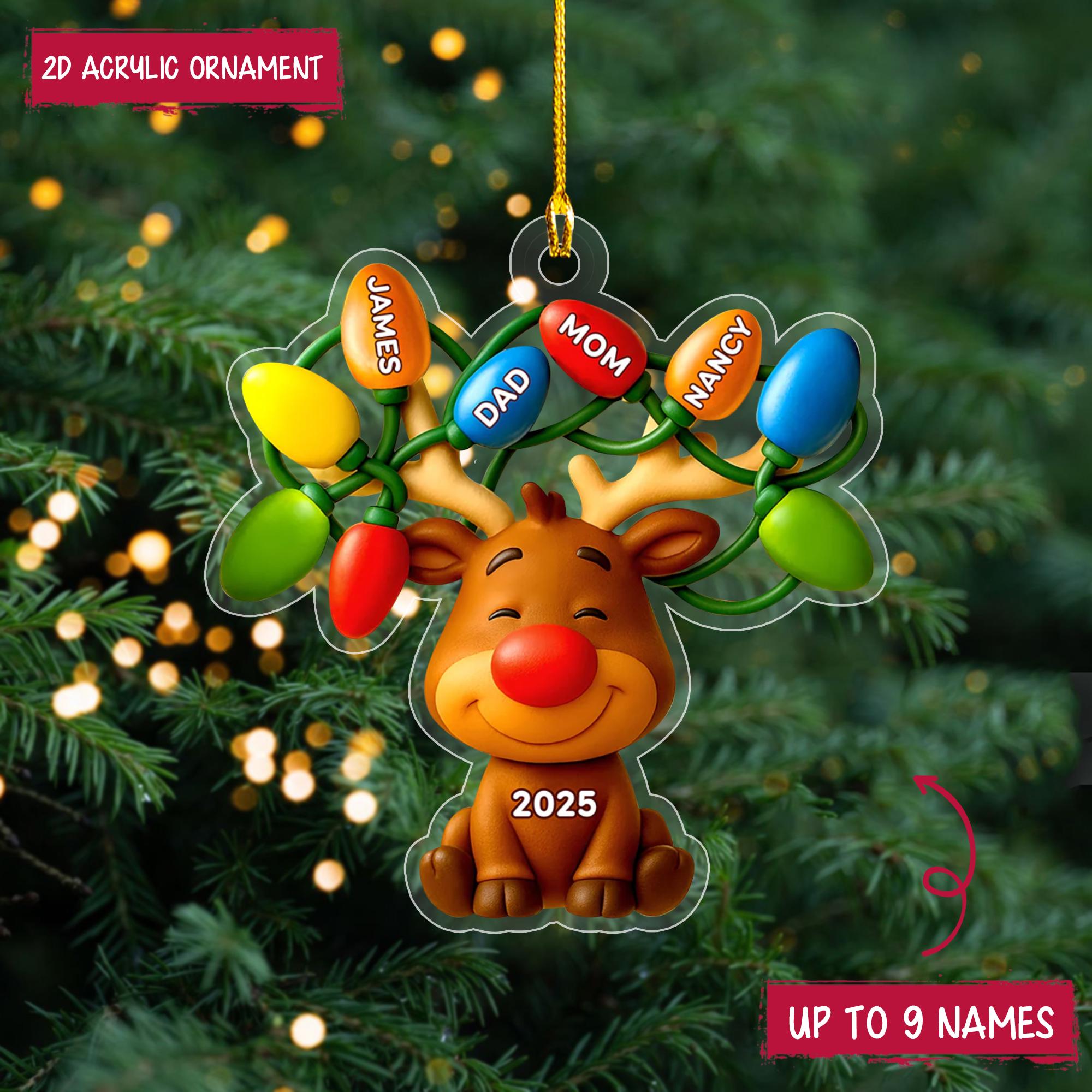 Personalized Family Reindeer Ornament With Names, Christmas Lights ...