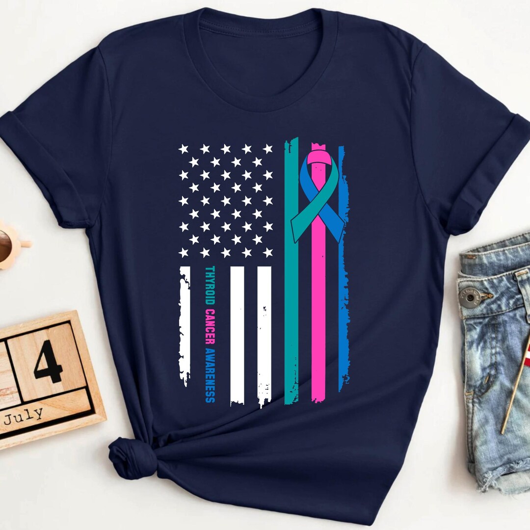Thyroid Cancer Team Shirt, Teal Pink Blue Ribbon US Flag Tee, Support ...