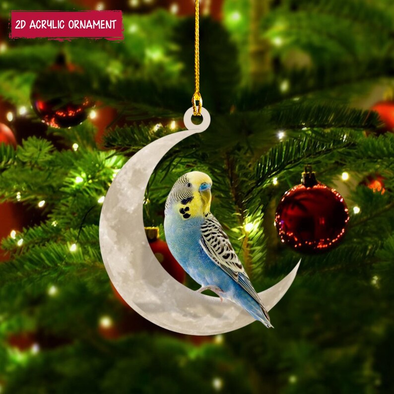 Budgie Bird Ornament, Budgie Sitting on the Moon, Cute Parakeet Hanging ...