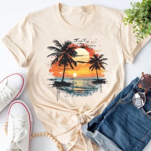Beach Sunset With Palm Trees T-shirt, Vintage Style Graphic Unisex Tee ...