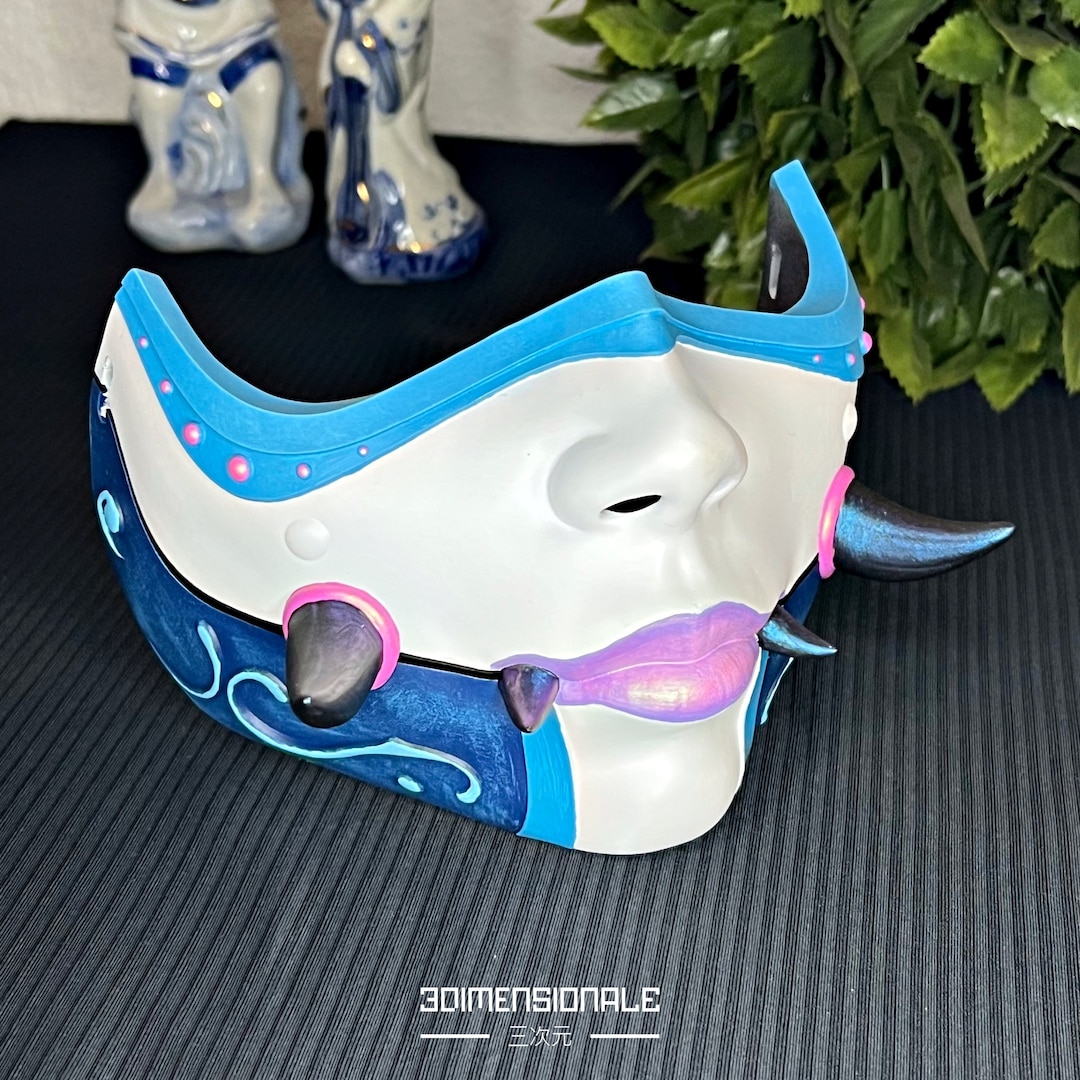 Hannya Chunari Girl Mask – White & Sky Blue Menpo, Geisha Half Mask ...