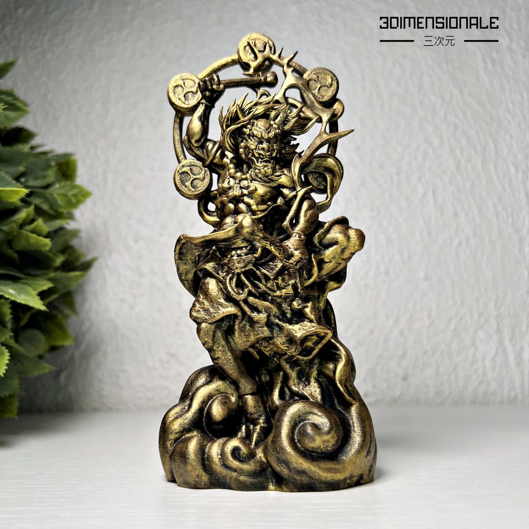 Raijin Statue – Hand-painted Japanese Thunder God Figure – Golden ...