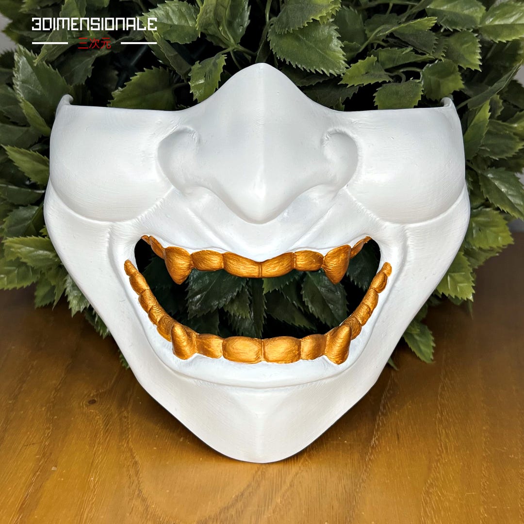 3D Printed Japanese Oni Mask - Smiling Demon With Golden Teeth ...