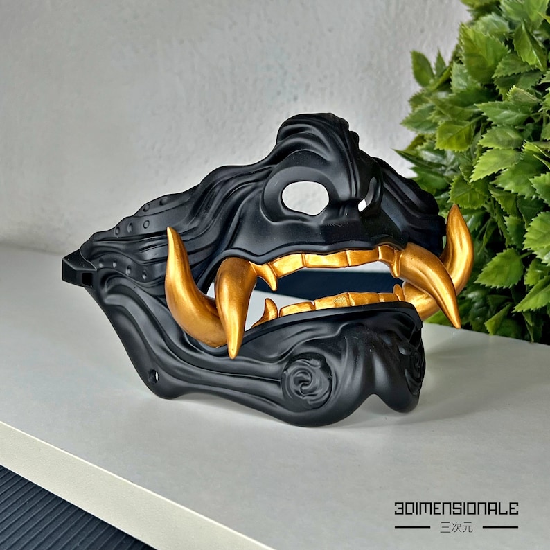 Japanese Samurai Oni Mask – Black Resin Menpo Demon Mask, Hannya Half ...