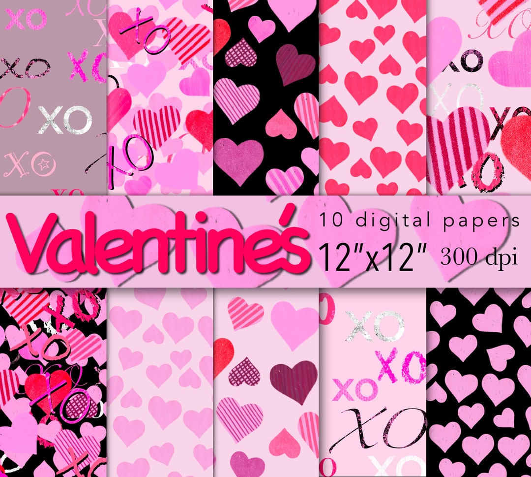 Valentine's Day Digital Paper Pack, XOXO, XO and Hearts, Pink Red Black ...
