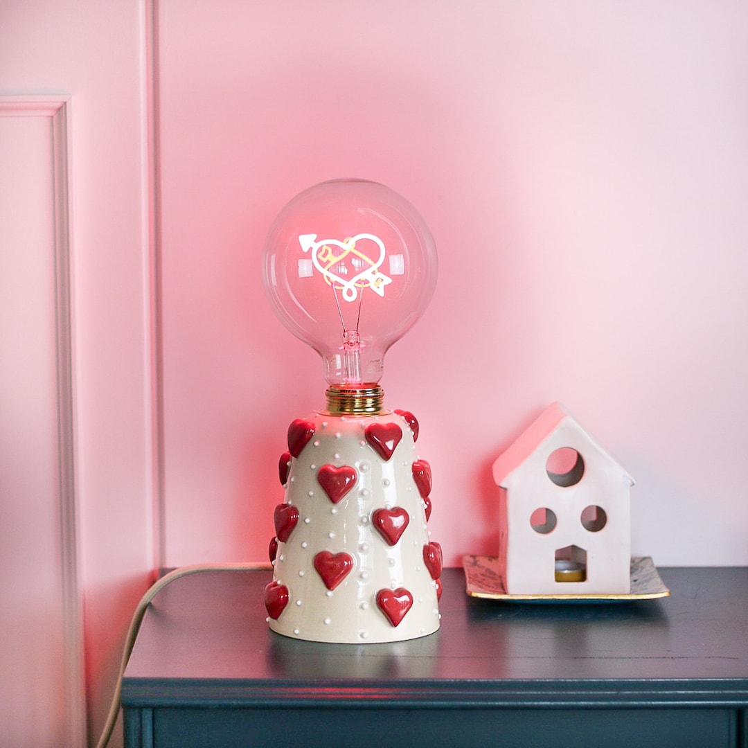 Ceramic Table Lamp With Hearts | Unique Bedside Table Lamp | Decorated ...