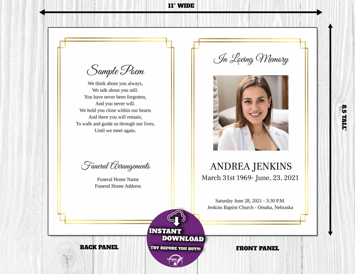White With Gold Border - Editable Funeral Program Template in Loving ...