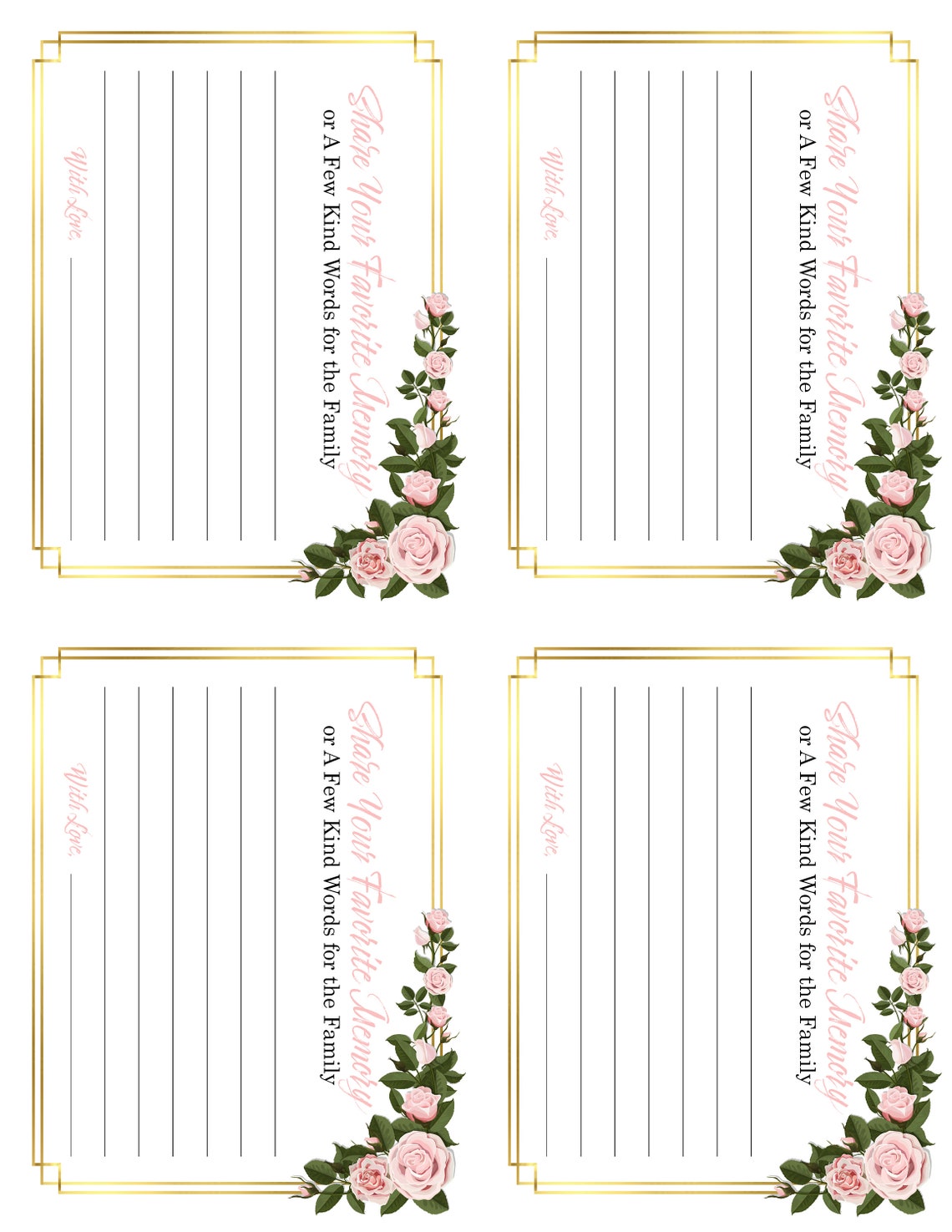 White & Gold With Pink Roses Memorial Cards in Loving Memory Obituary ...