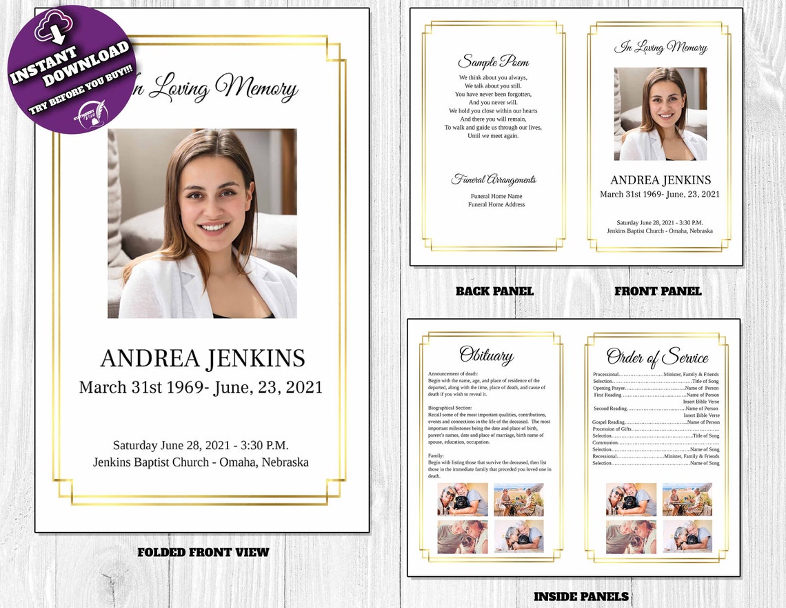 White With Gold Border - Editable Funeral Program Template in Loving ...