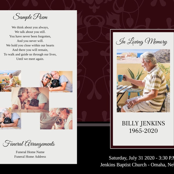 Maroon Funeral Program Template - Etsy