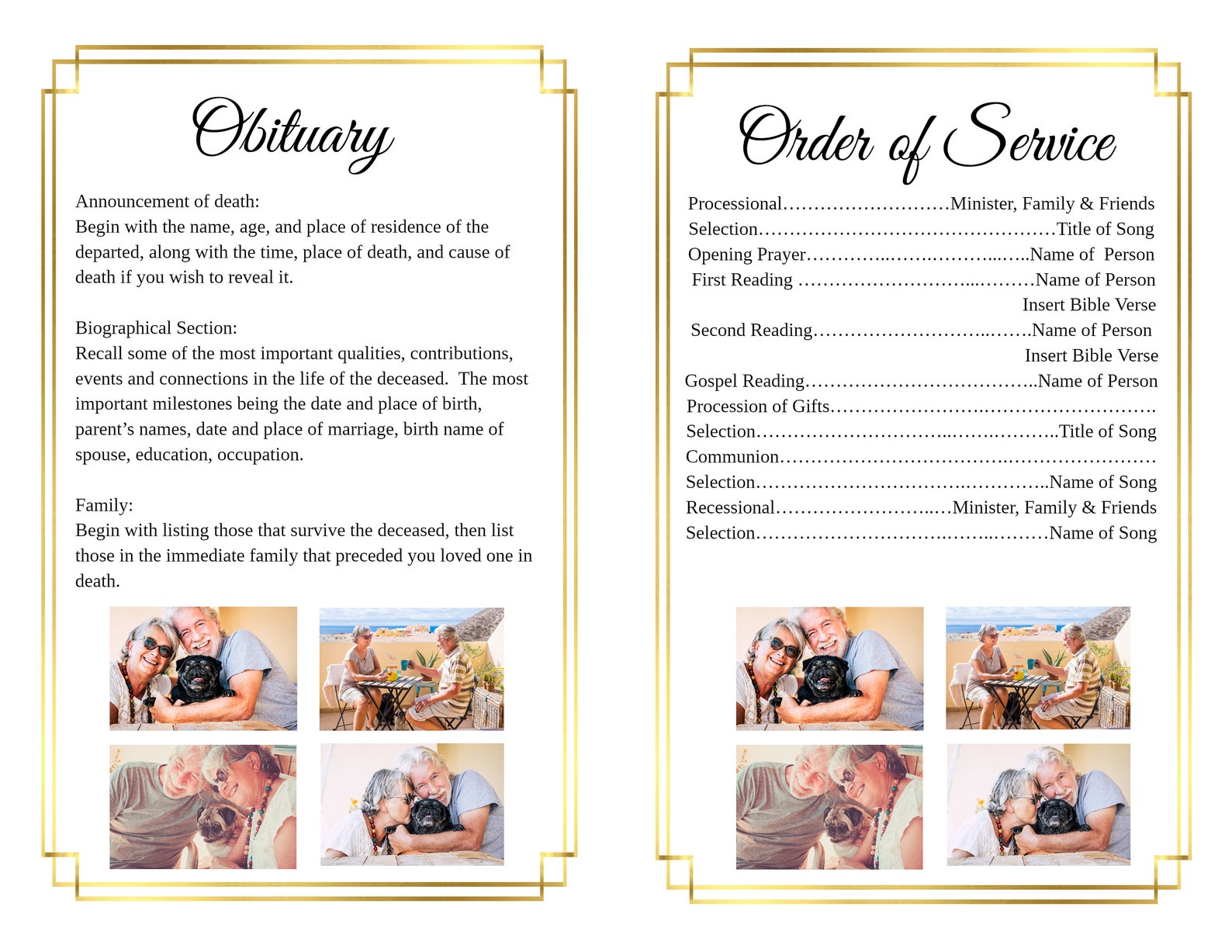 White With Gold Border - Editable Funeral Program Template in Loving ...
