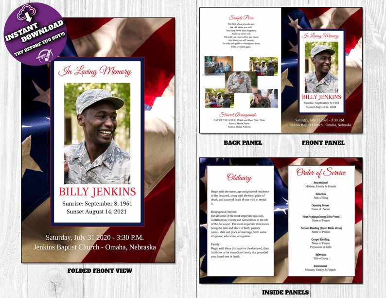 American Flag Funeral Program Template: Military Memorial (editable ...