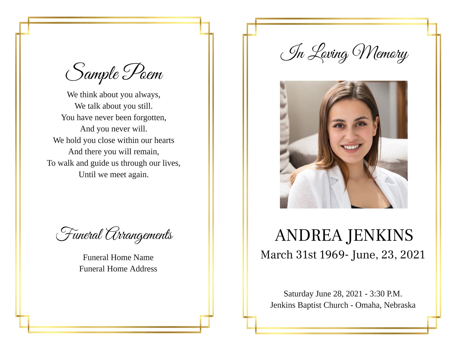 White With Gold Border - Editable Funeral Program Template in Loving ...