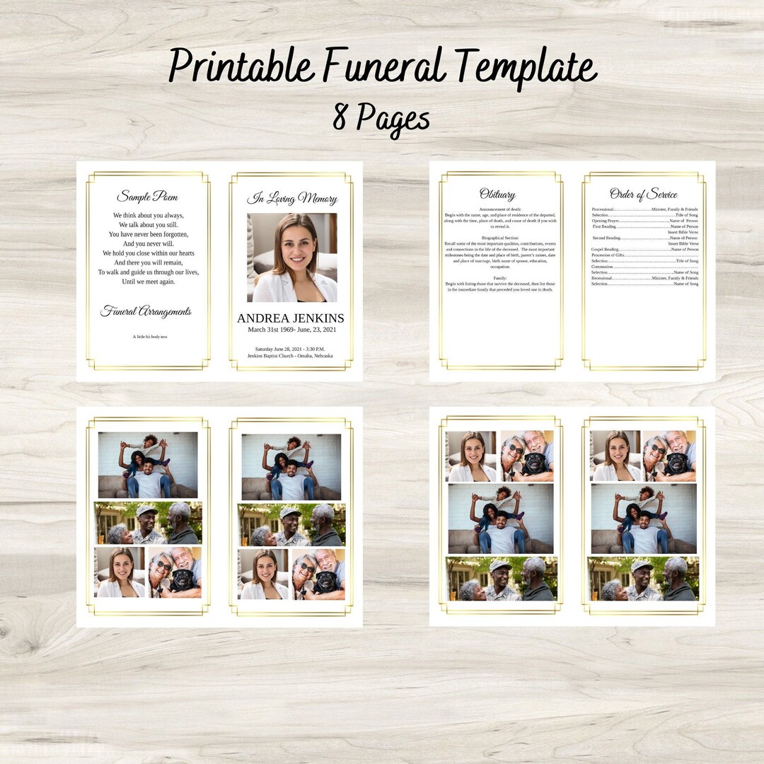 8-page White With Gold Border - Editable Funeral Program Template in ...