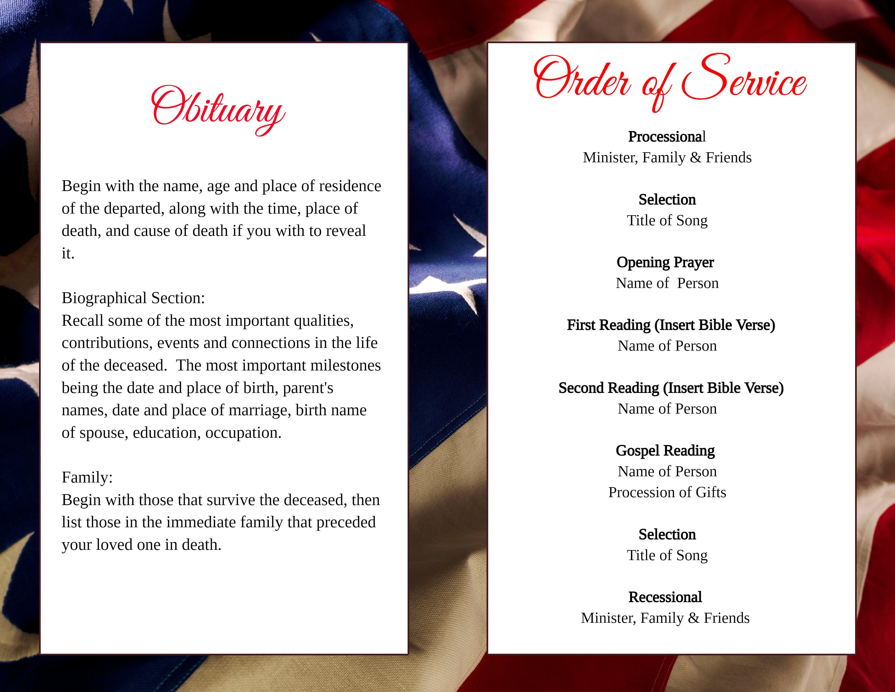 Military Patriotic American Flag Editable Funeral Program Template in ...